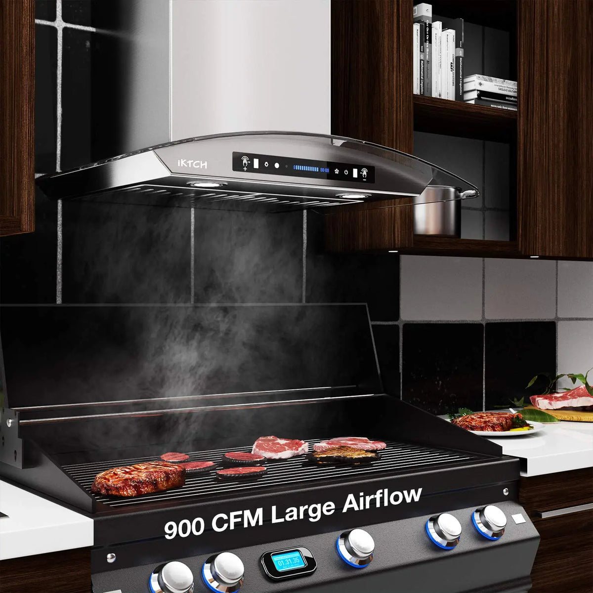 IKTCH Wall Mount Range Hood Tempered Glass 900 CFM, Ducted Kitchen Ven