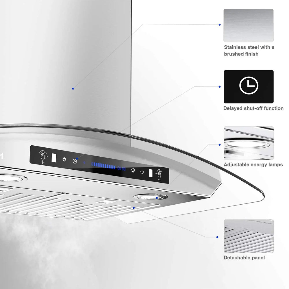 IKTCH Wall Mount Range Hood Tempered Glass 900 CFM, Ducted Kitchen Ven