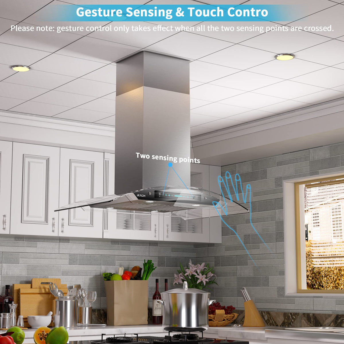 IKTCH Upgrated Island Mount Range Hood, 900 CFM Ducted Range Hood with
