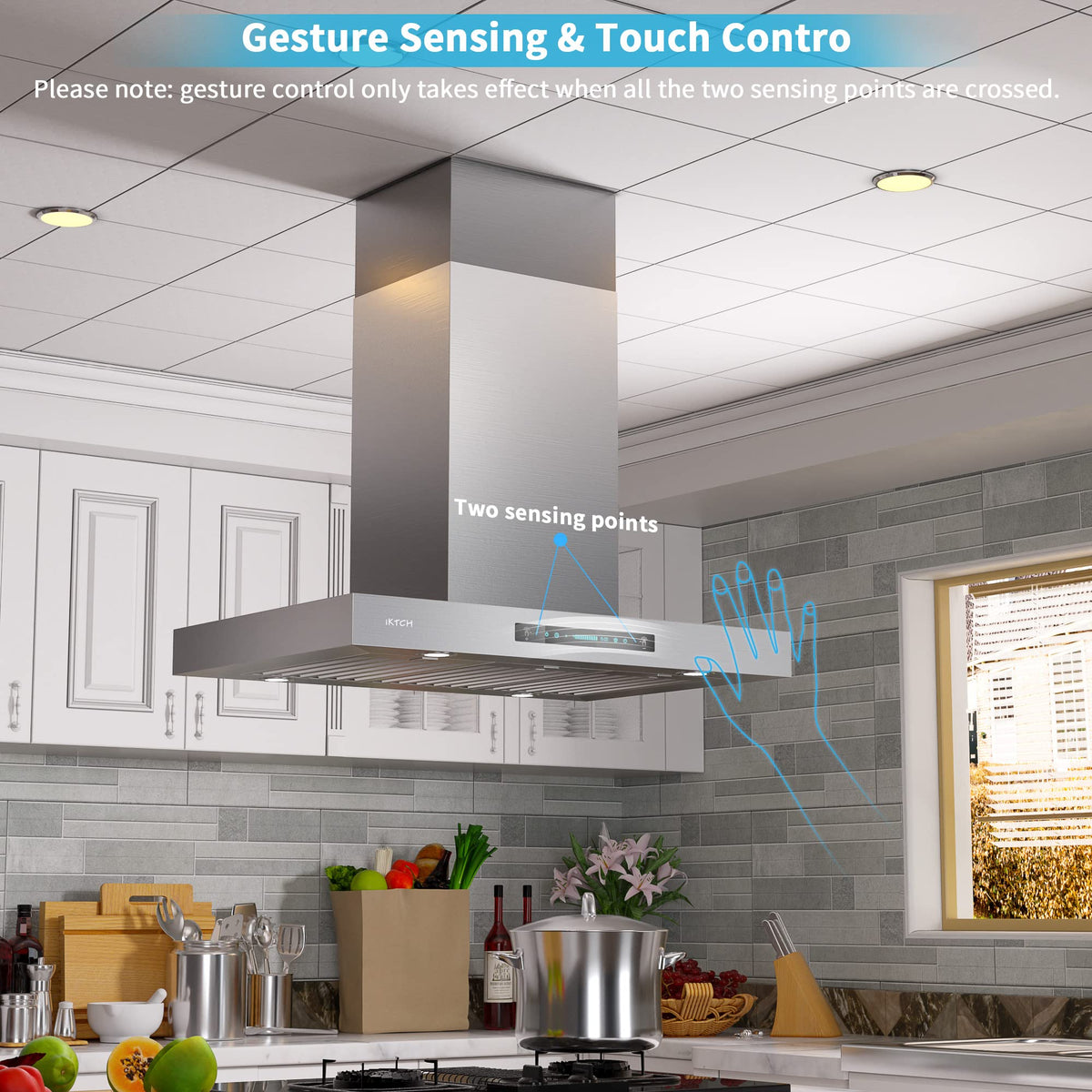 IKTCH Upgrated Island Mount Range Hood, 900 CFM Ducted Range Hood with