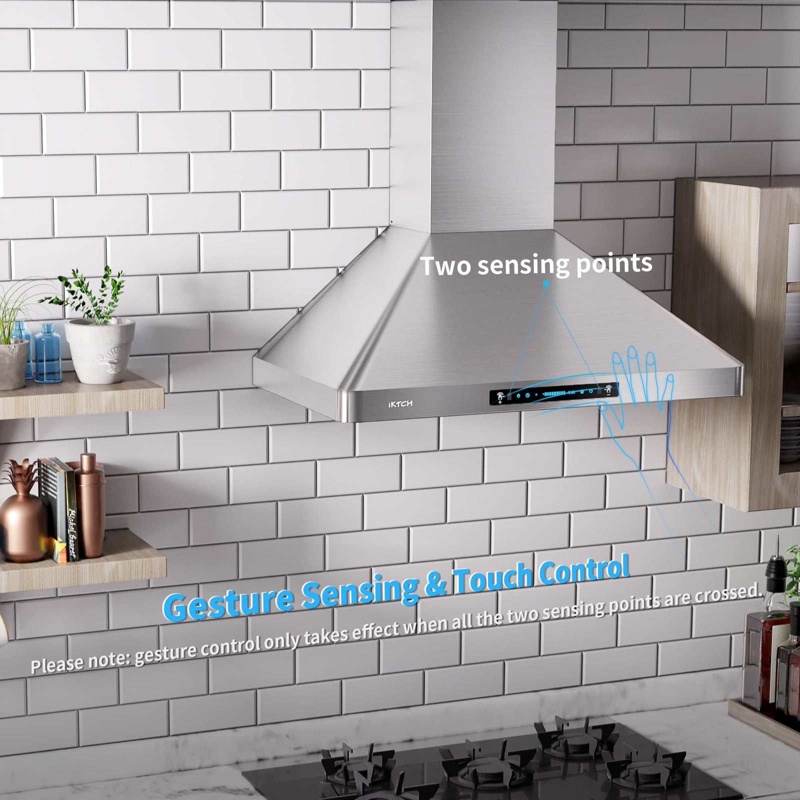 IKTCH Wall Mount Range Hood, 900 CFM Ducted/Ductless with 4 Speed Fan,
