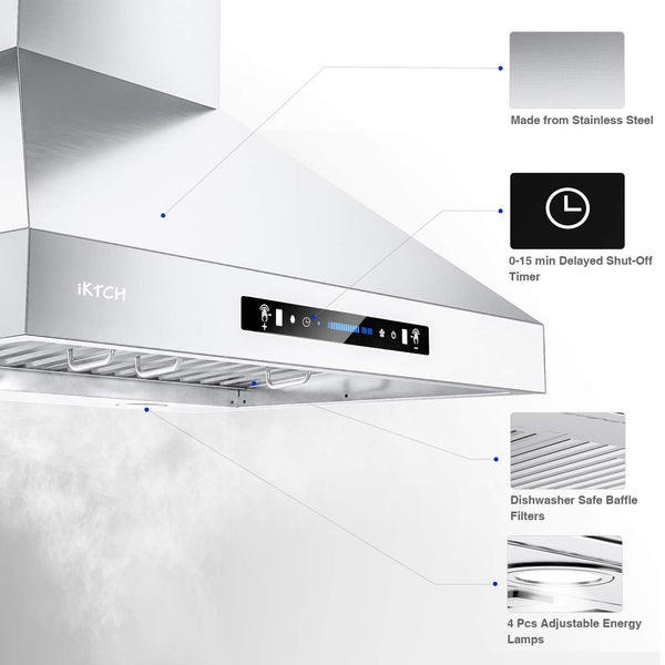 IKTCH Wall Mount Range Hood, 900 CFM Powerful Suction, Gesture Sensing